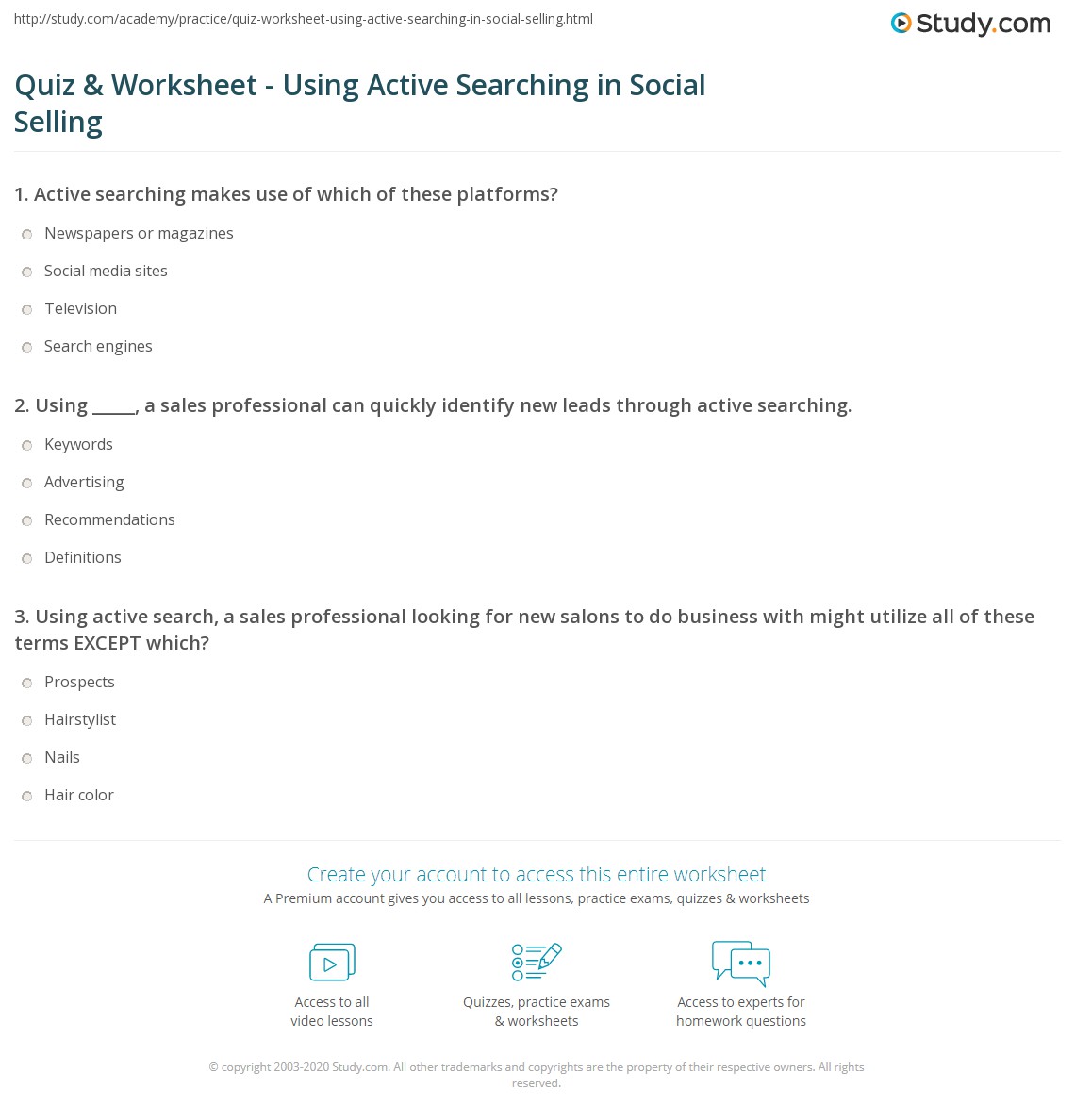 Quiz & Worksheet - Using Active Searching in Social Selling | Study.com