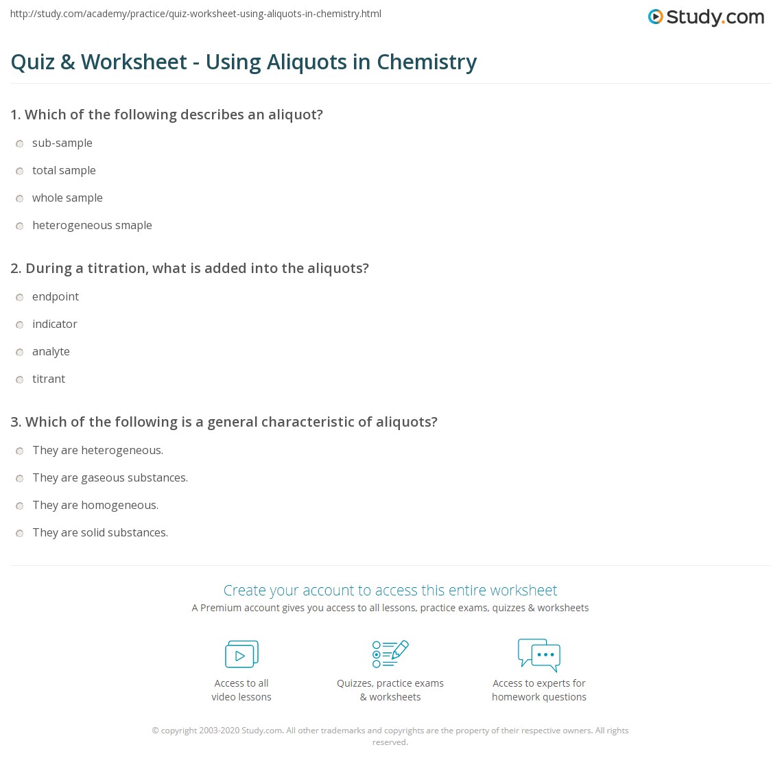 Quiz & Worksheet - Using Aliquots in Chemistry | Study.com