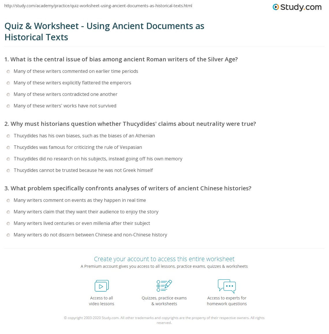 Quiz & Worksheet - Using Ancient Documents as Historical Texts | Study.com