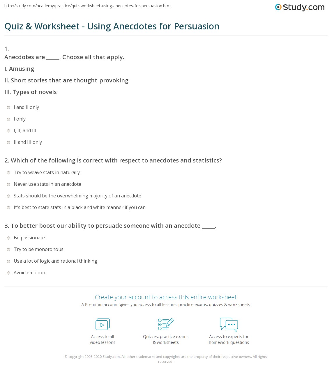 Quiz & Worksheet - Using Anecdotes for Persuasion | Study.com