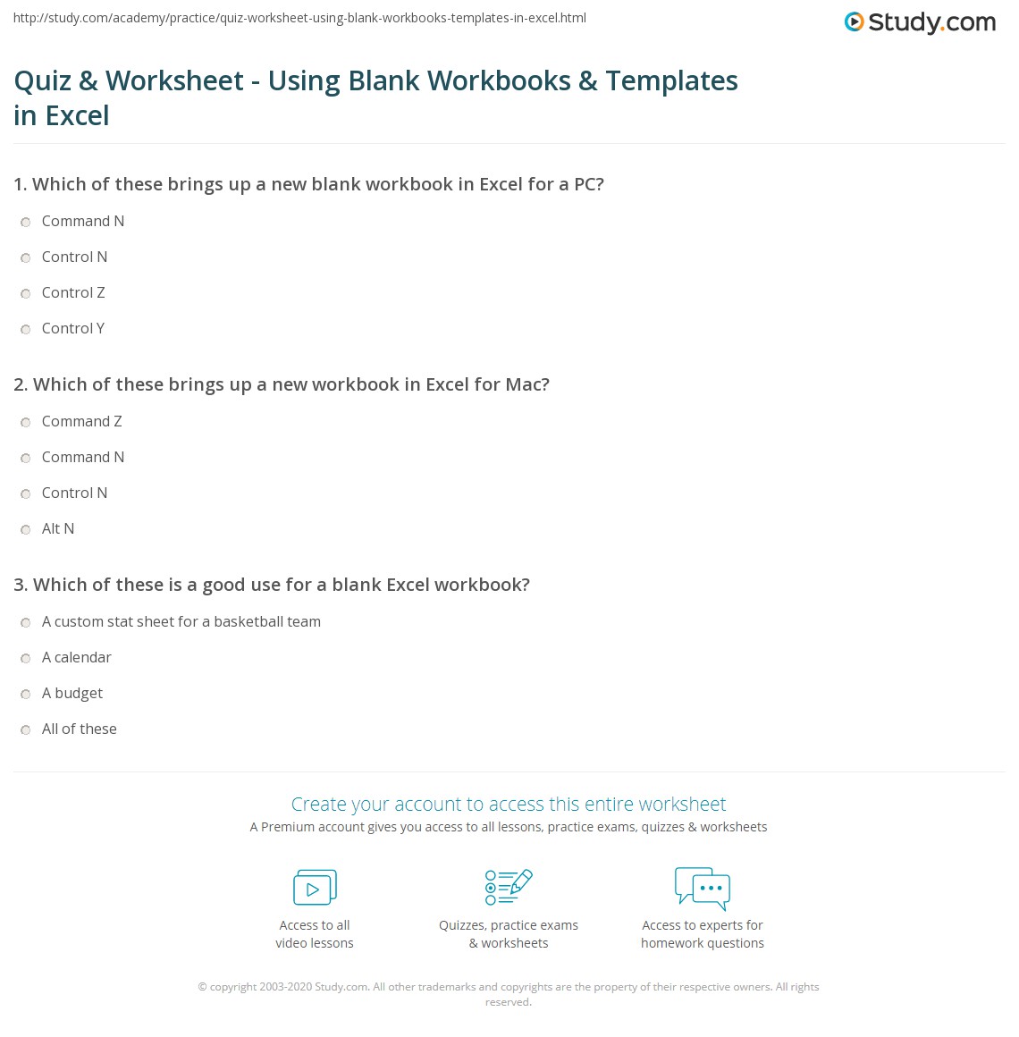 Quiz & Worksheet - Using Blank Workbooks & Templates in Excel | Study.com
