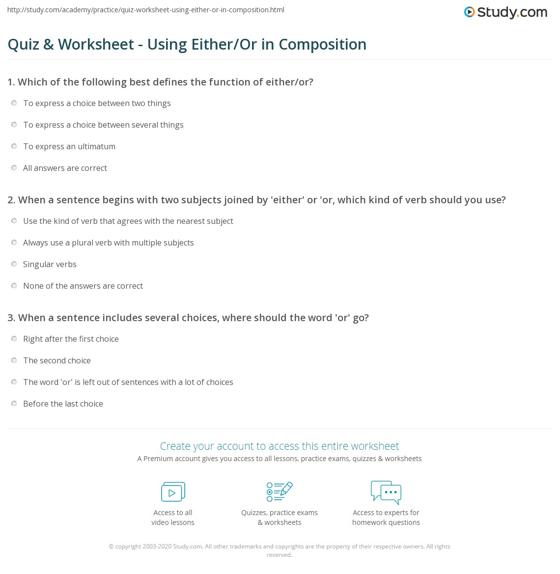 Quiz & Worksheet - Using Either/Or in Composition | Study.com