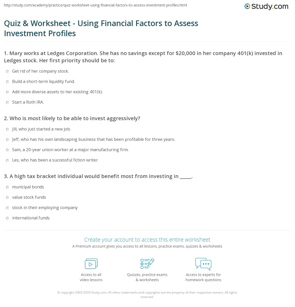 Quiz & Worksheet - Using Financial Factors to Assess Investment ...