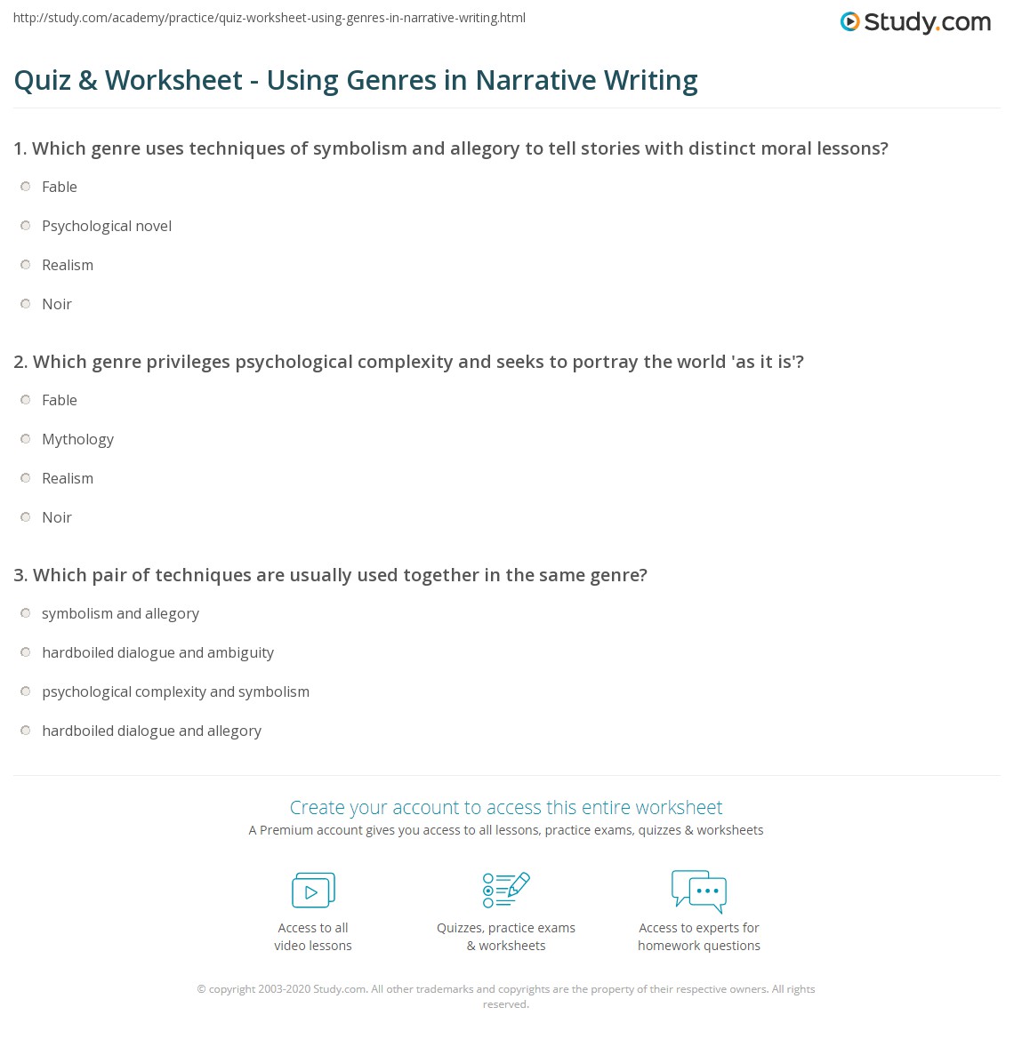 Quiz & Worksheet - Using Genres in Narrative Writing | Study.com