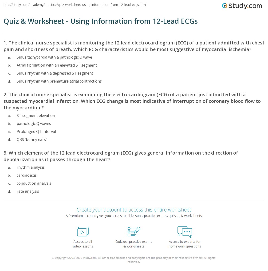 Quiz & Worksheet - Using Information from 12-Lead ECGs | Study.com