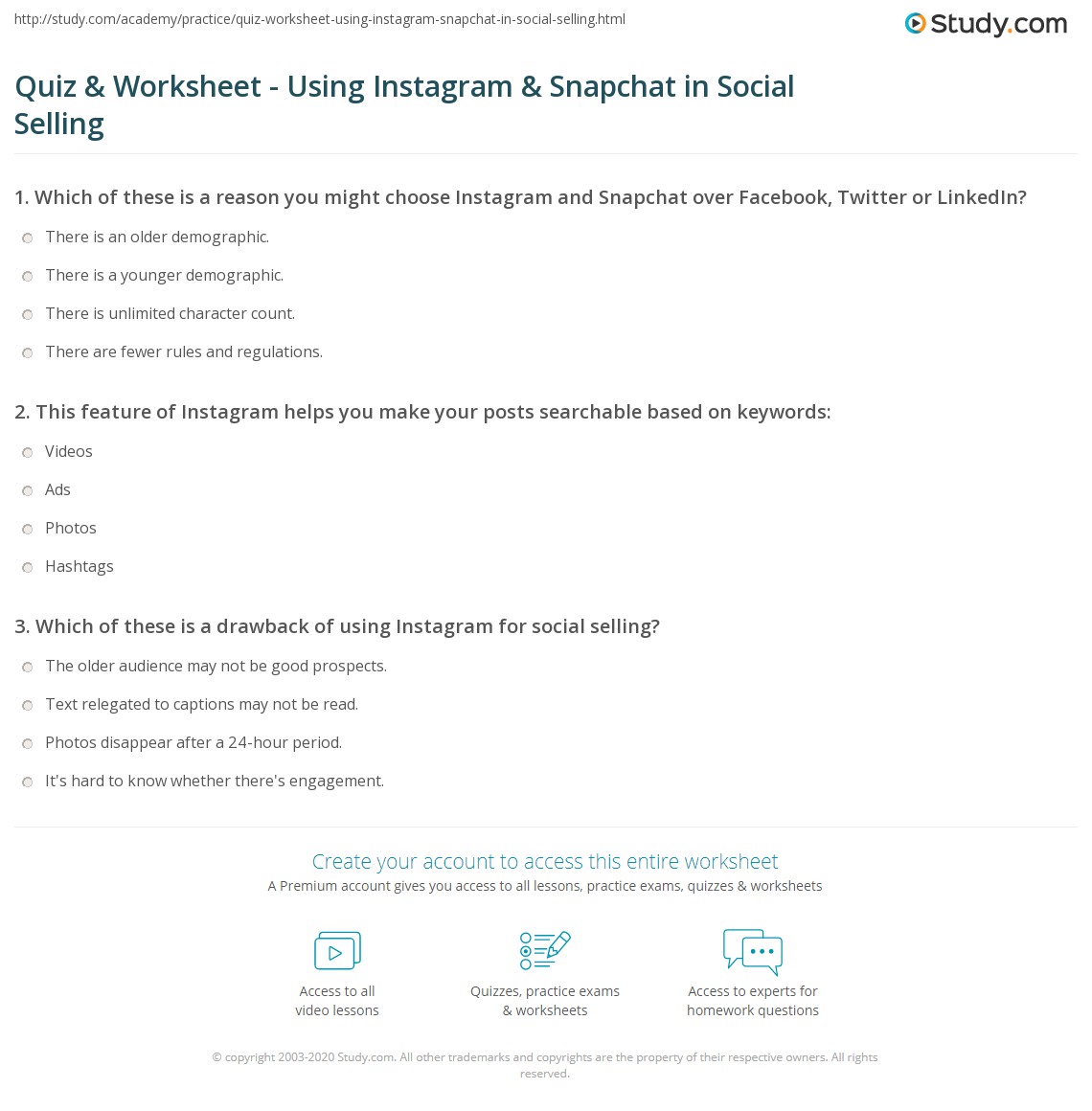 Quiz & Worksheet - Using Instagram & Snapchat in Social Selling | Study.com