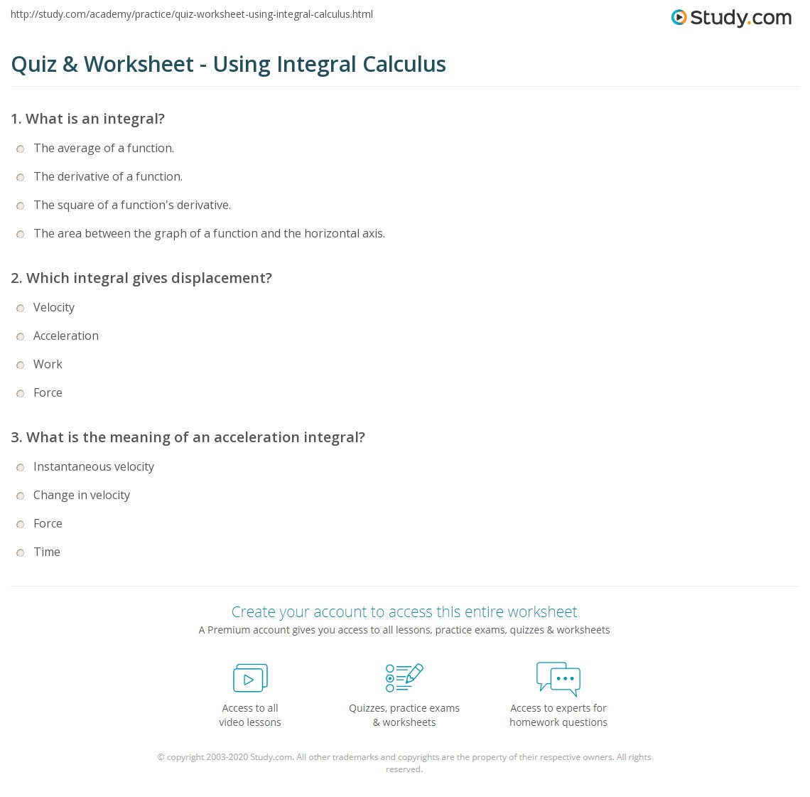Quiz & Worksheet - Using Integral Calculus | Study.com