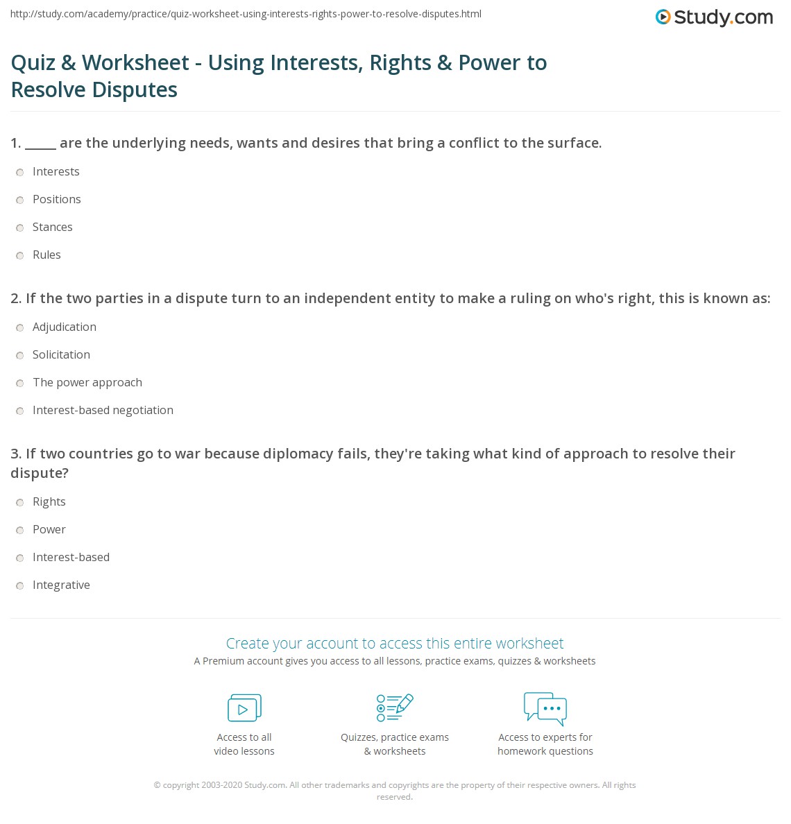Quiz & Worksheet - Using Interests, Rights & Power to Resolve Disputes ...
