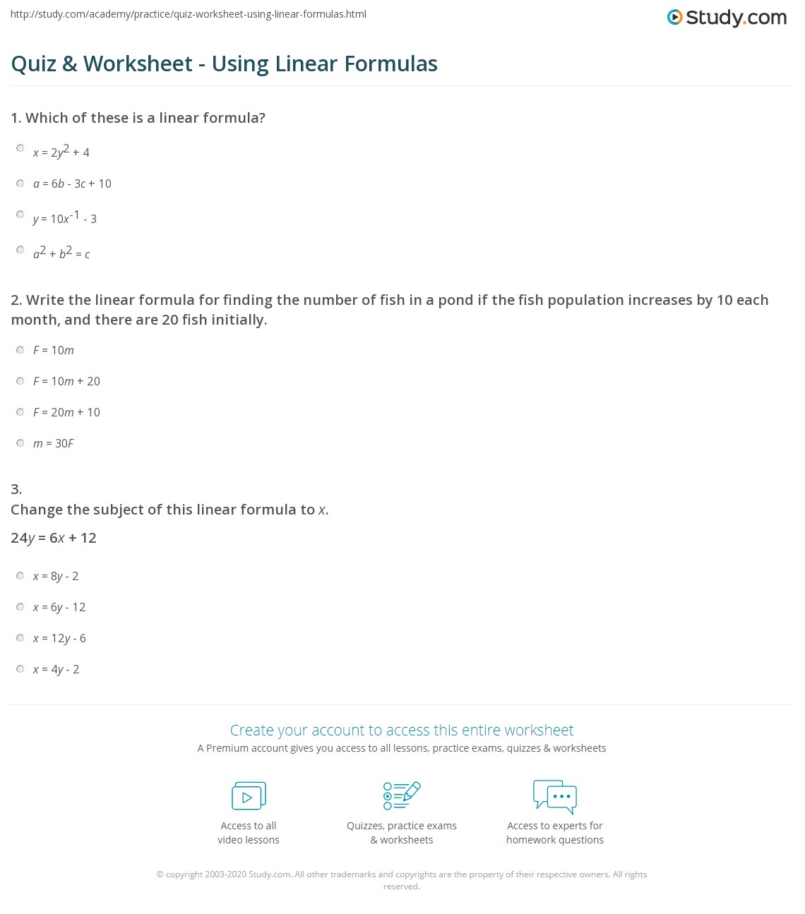 Quiz & Worksheet - Using Linear Formulas | Study.com