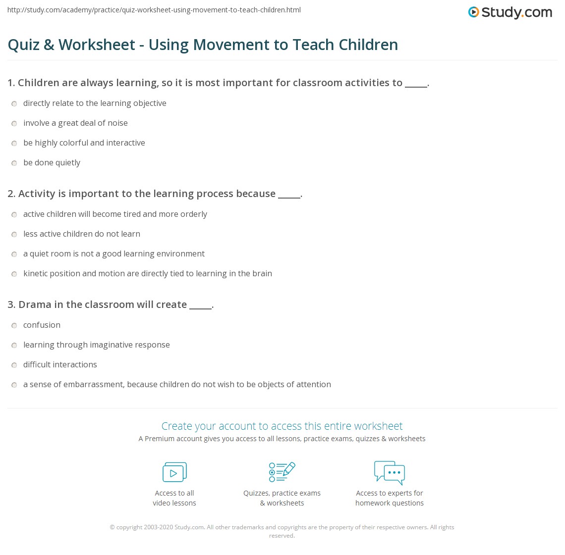 Quiz & Worksheet - Using Movement to Teach Children | Study.com