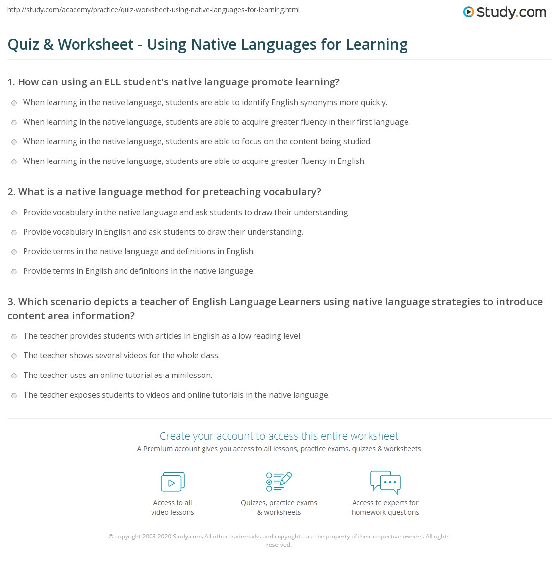 Quiz & Worksheet - Using Native Languages for Learning | Study.com