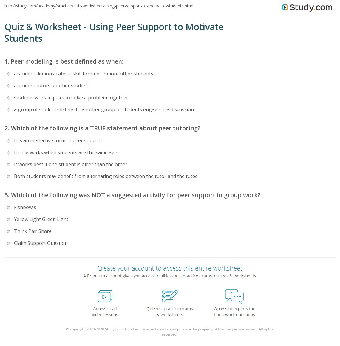Quiz & Worksheet - Using Peer Support to Motivate Students | Study.com