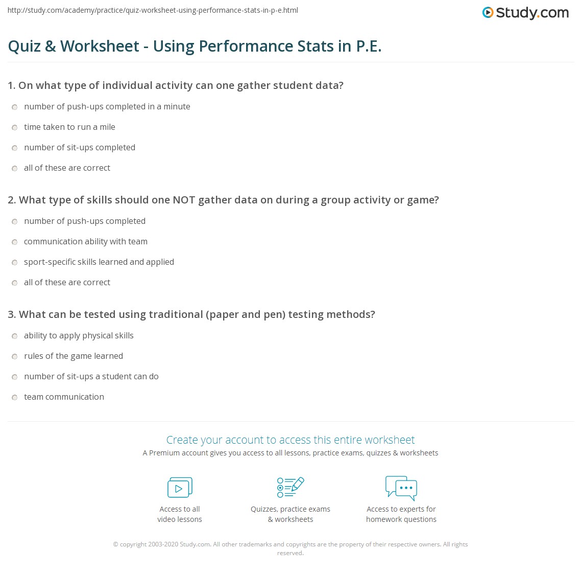 Quiz & Worksheet - Using Performance Stats in P.E. | Study.com