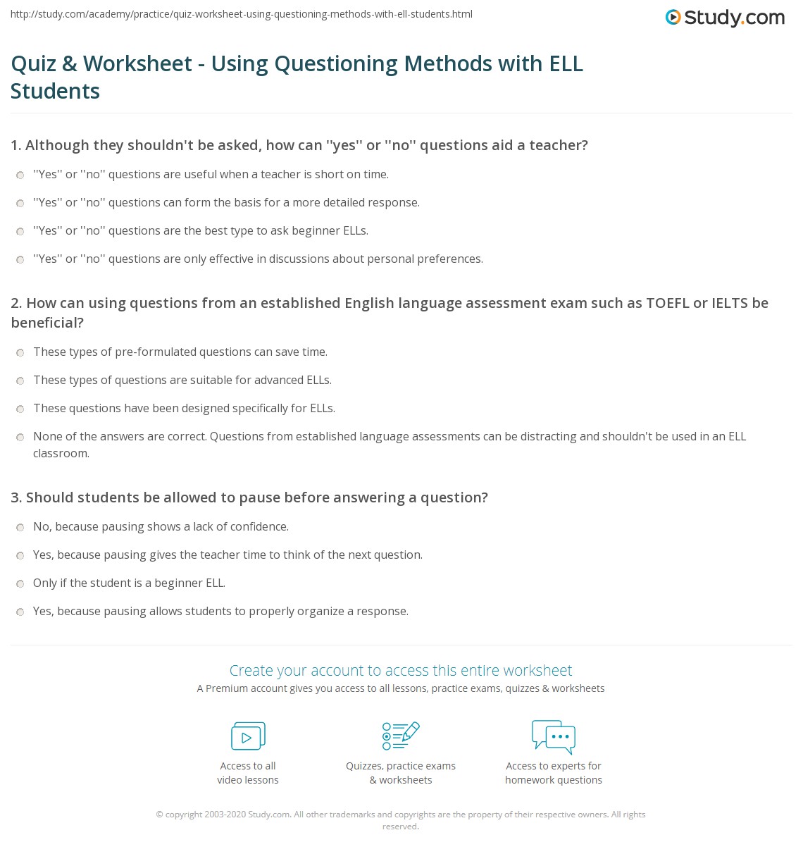 Quiz & Worksheet - Using Questioning Methods with ELL Students | Study.com