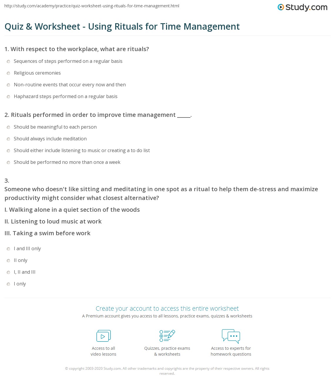 Quiz & Worksheet - Using Rituals for Time Management | Study.com