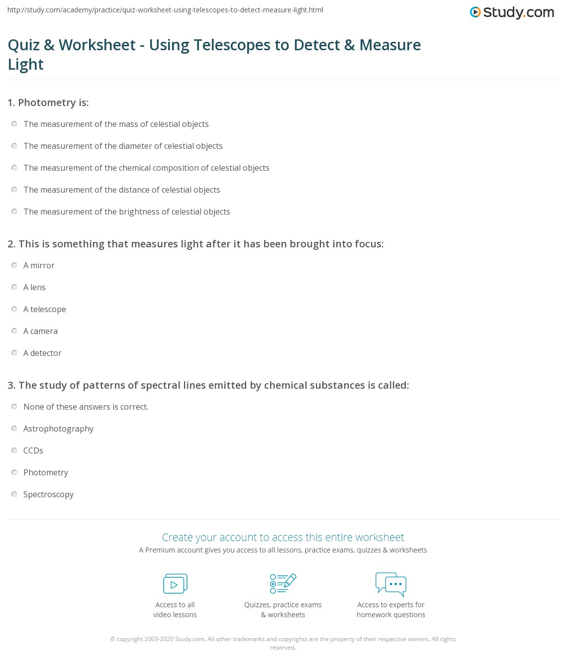 Quiz & Worksheet - Using Telescopes to Detect & Measure Light | Study.com