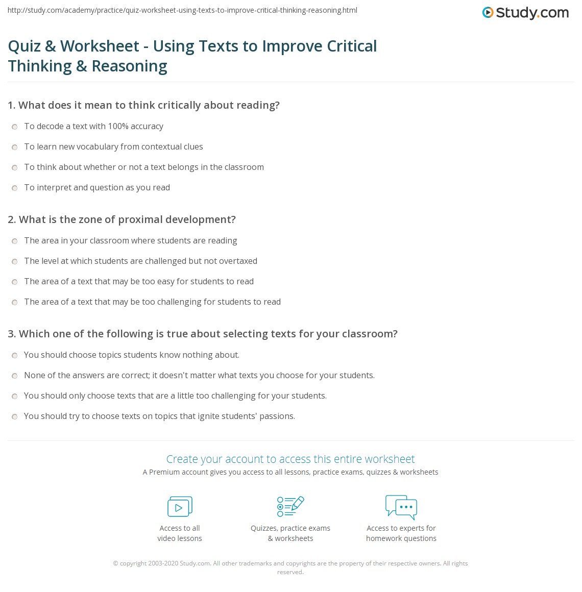 Quiz & Worksheet - Using Texts to Improve Critical Thinking & Reasoning ...
