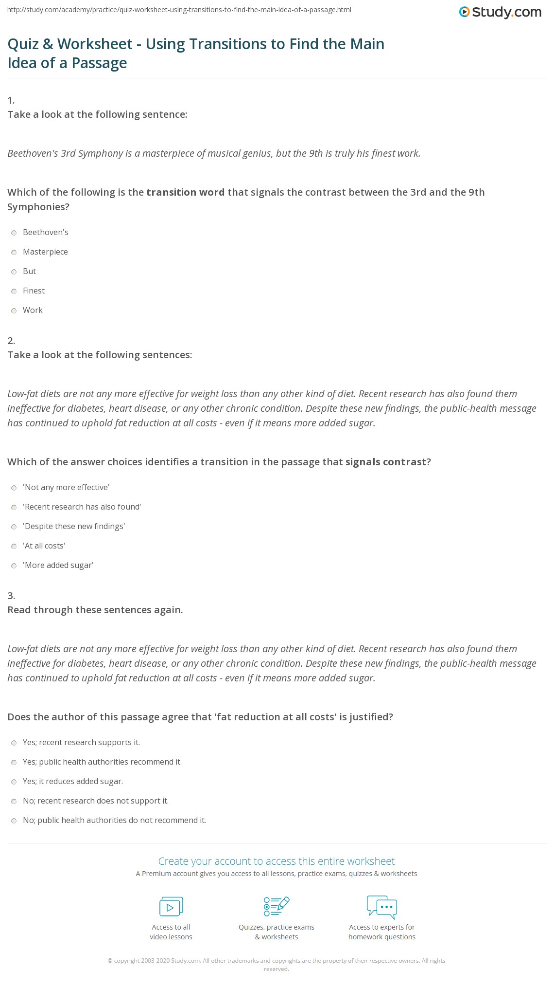 Quiz & Worksheet - Using Transitions to Find the Main Idea of a Passage ...