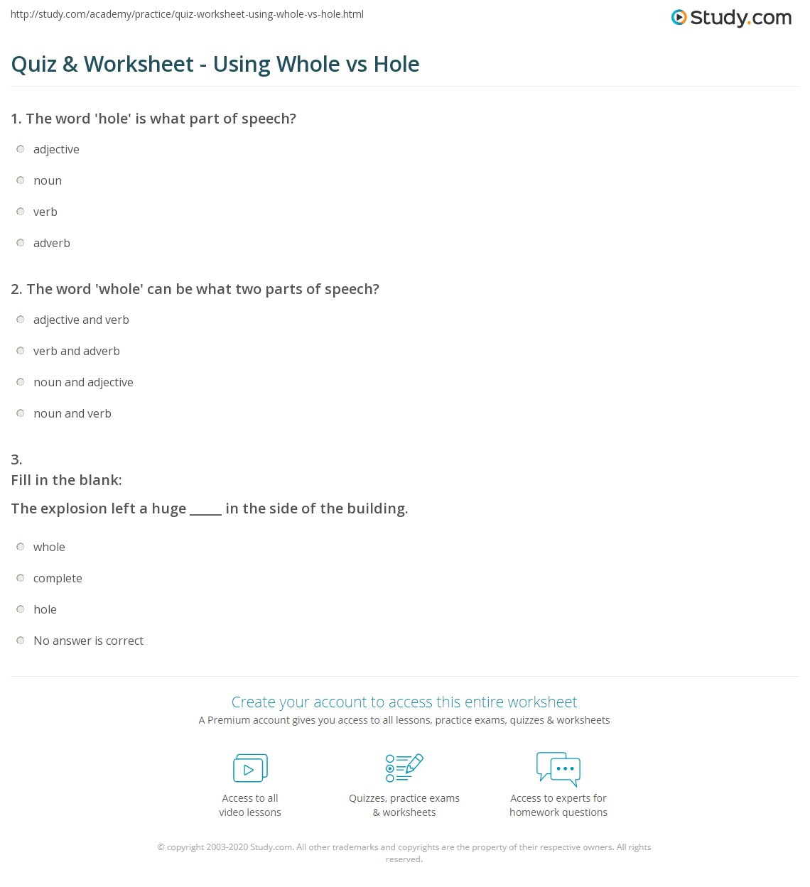 Quiz & Worksheet - Using Whole vs Hole | Study.com