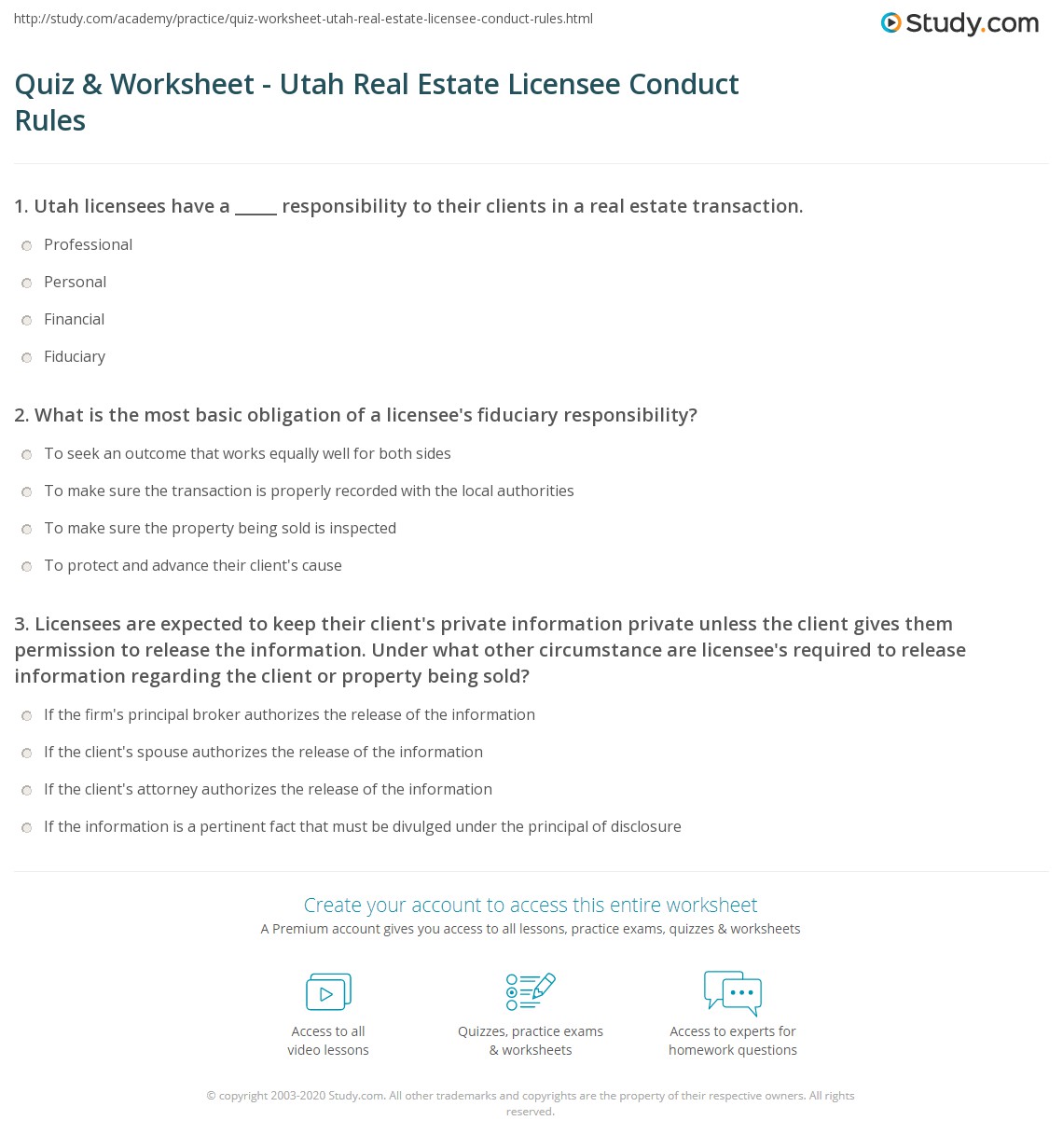 Quiz & Worksheet - Utah Real Estate Licensee Conduct Rules | Study.com
