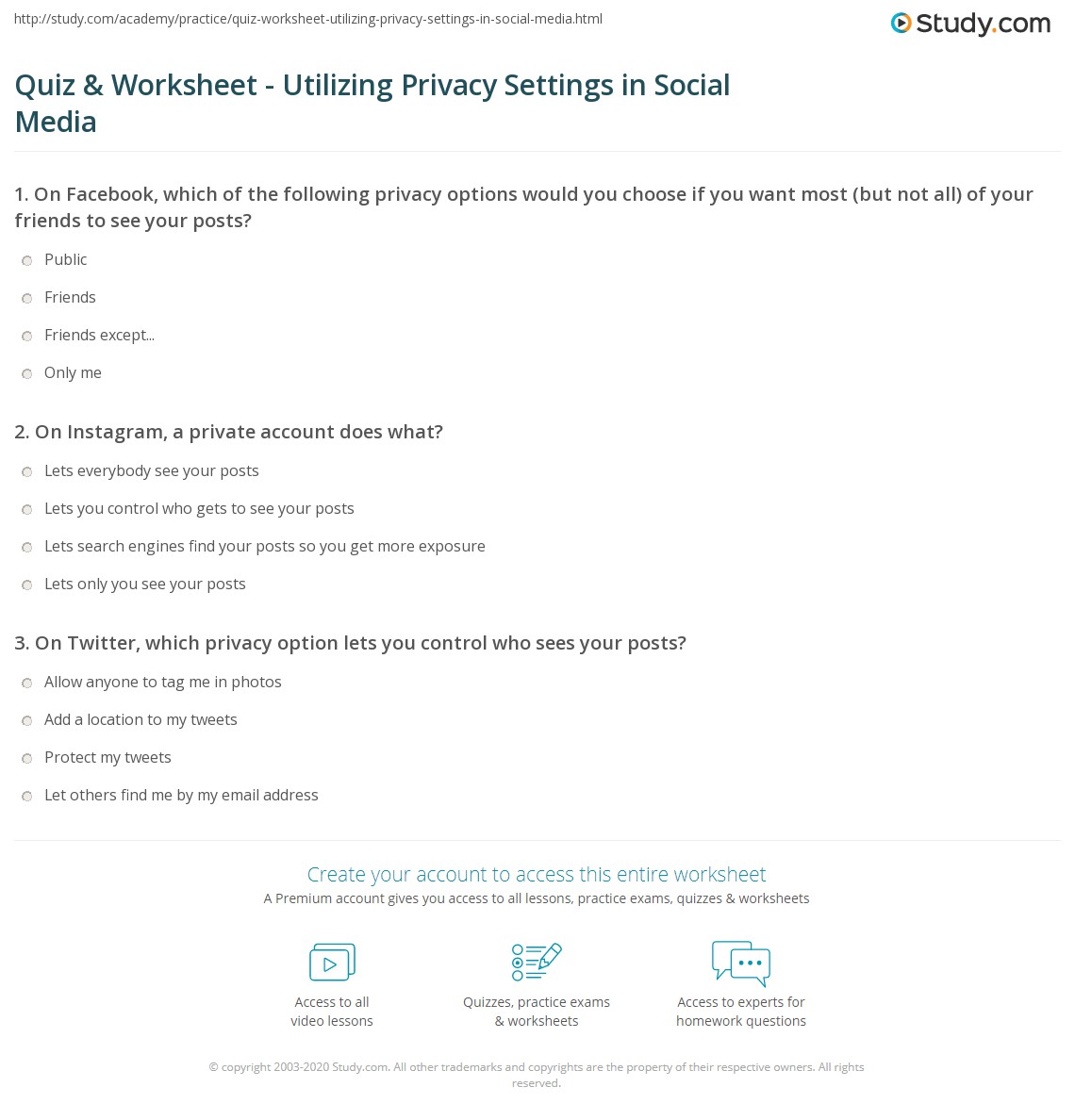 Quiz & Worksheet - Utilizing Privacy Settings in Social Media | Study.com