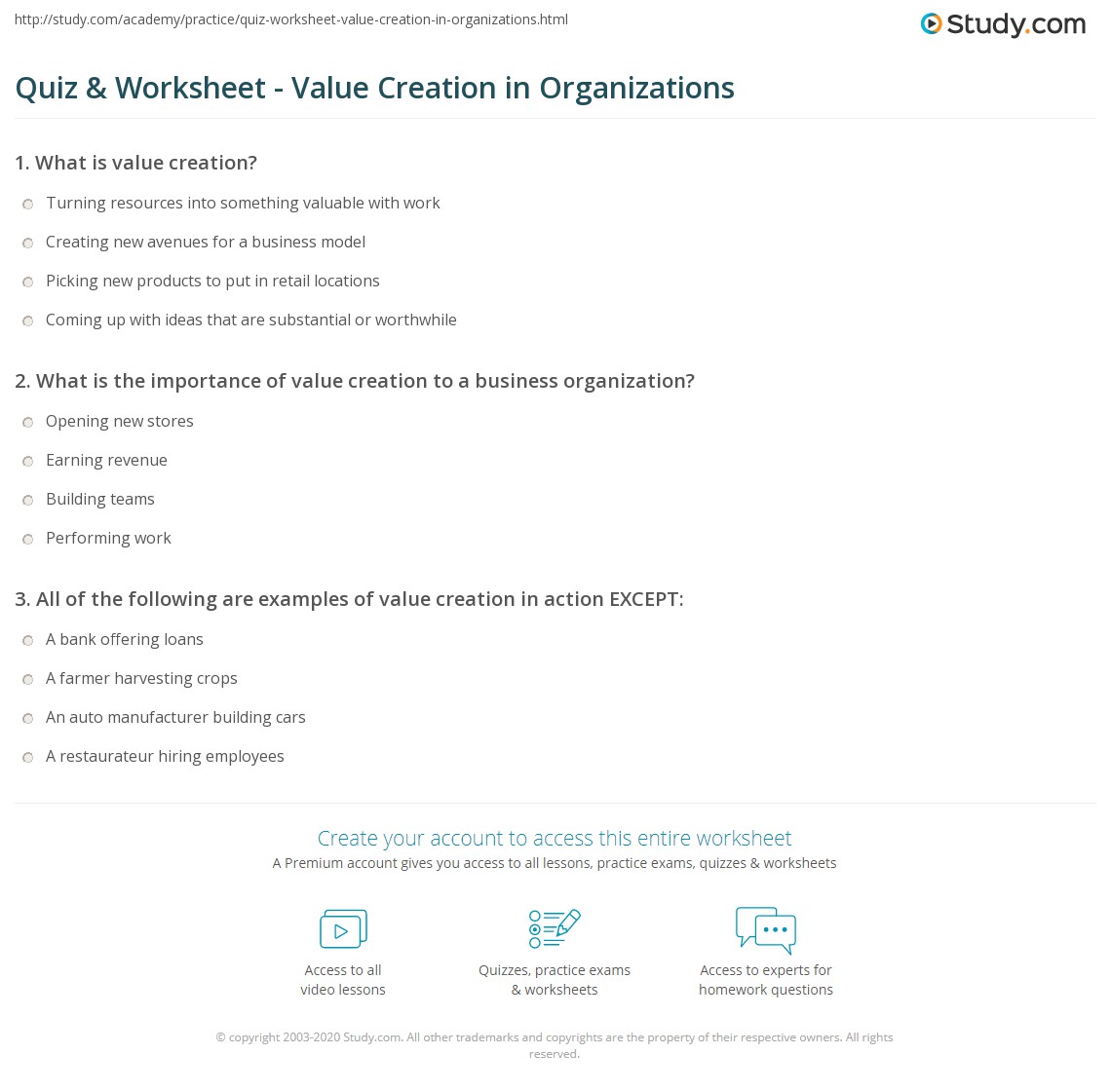 Quiz & Worksheet - Value Creation in Organizations | Study.com