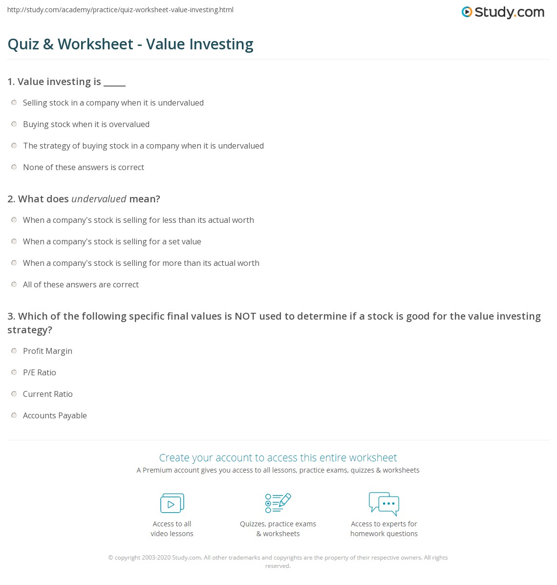 Quiz & Worksheet - Value Investing | Study.com