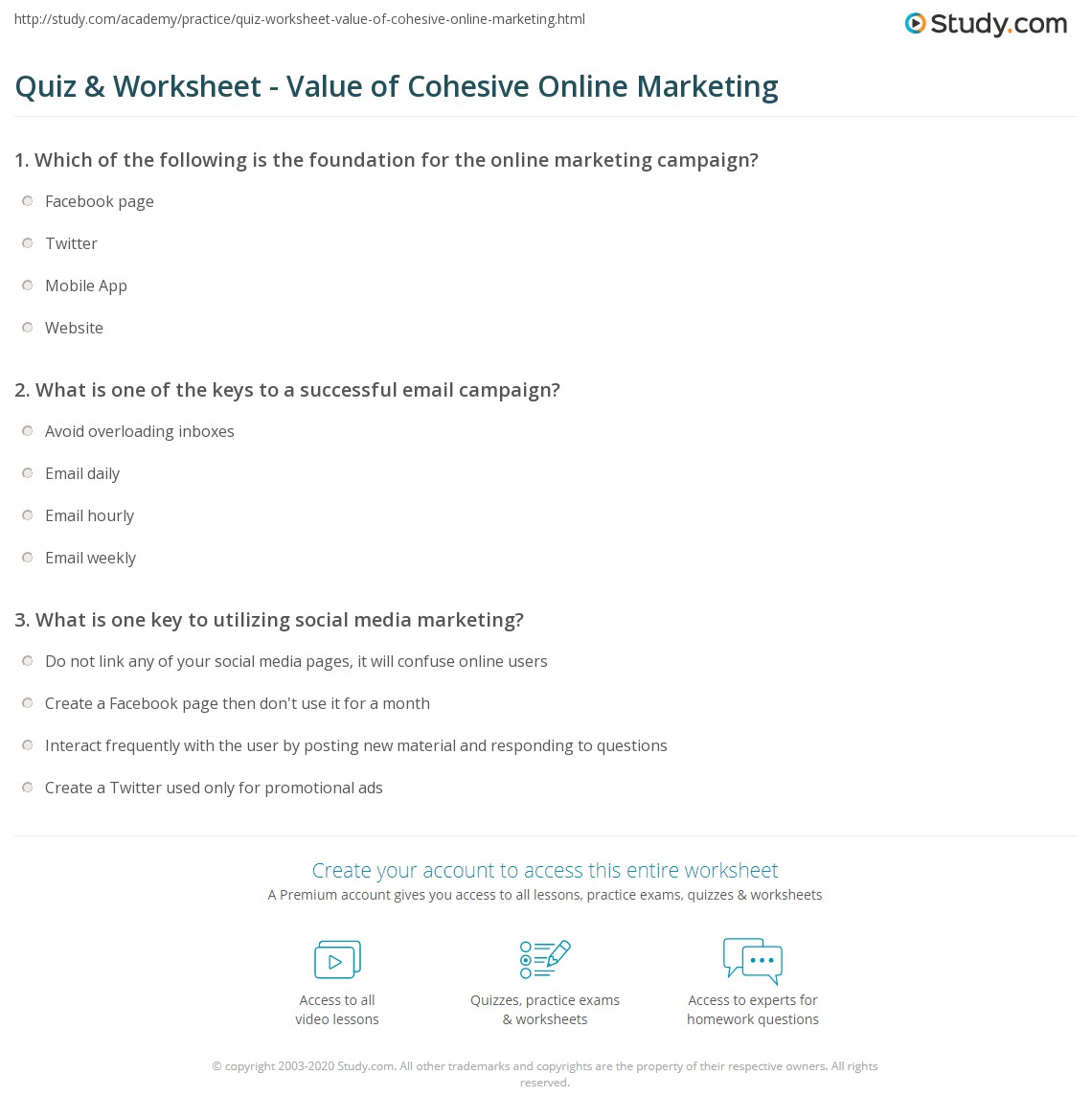 Quiz & Worksheet - Value of Cohesive Online Marketing | Study.com
