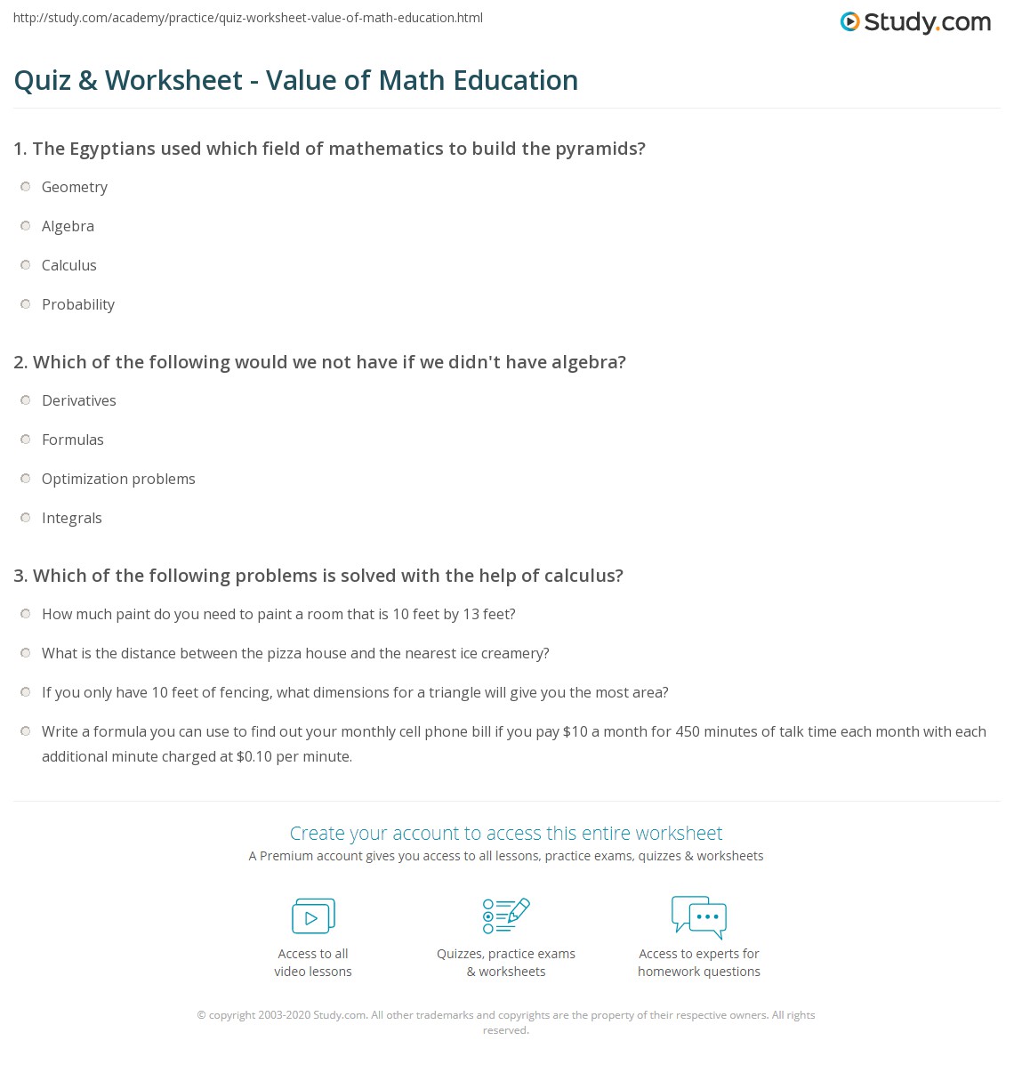 Quiz & Worksheet - Value of Math Education | Study.com