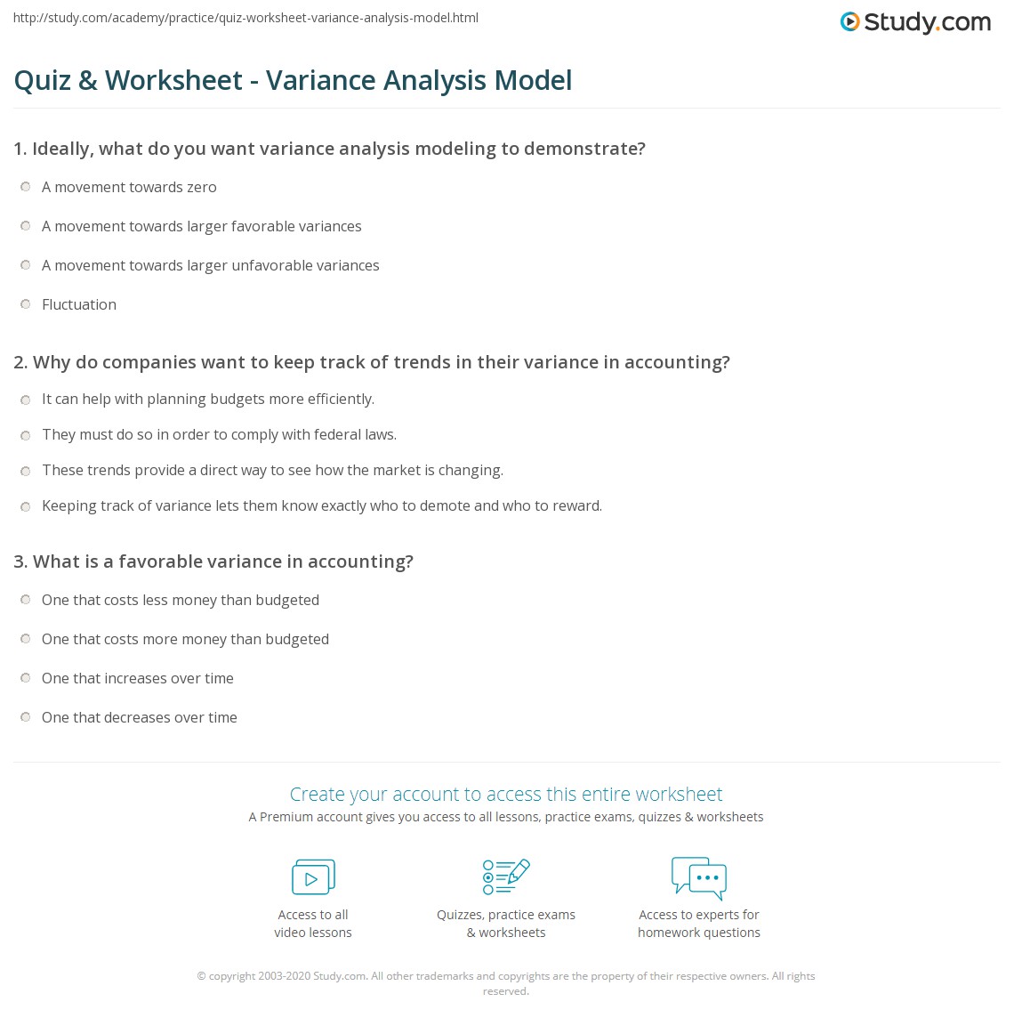 Quiz & Worksheet - Variance Analysis Model | Study.com