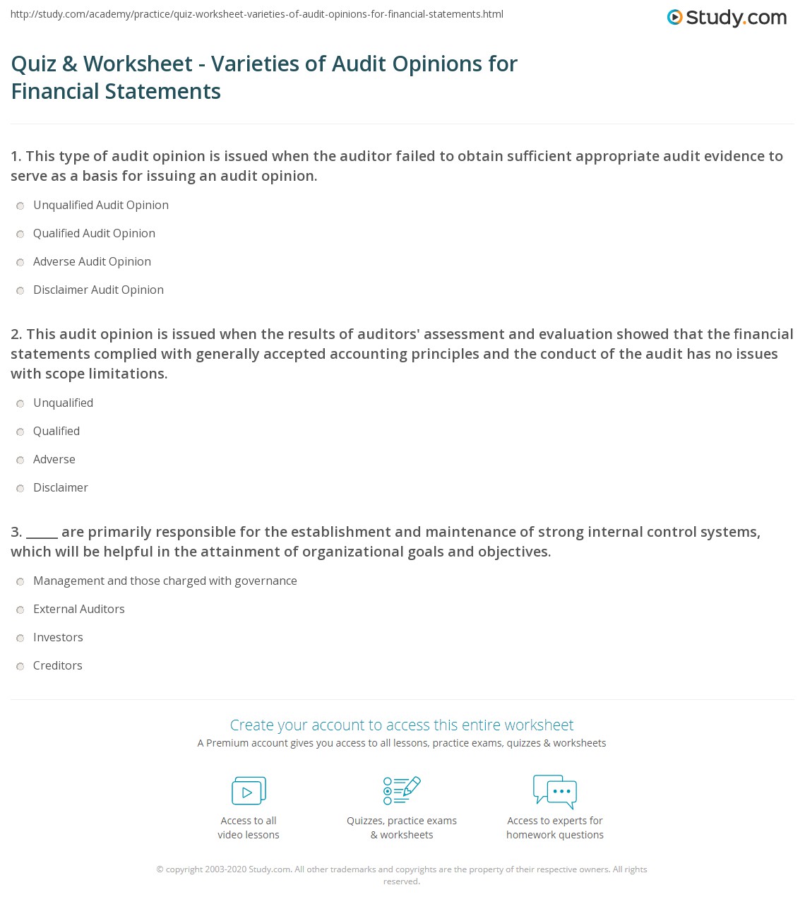 Quiz & Worksheet - Varieties of Audit Opinions for Financial Statements ...