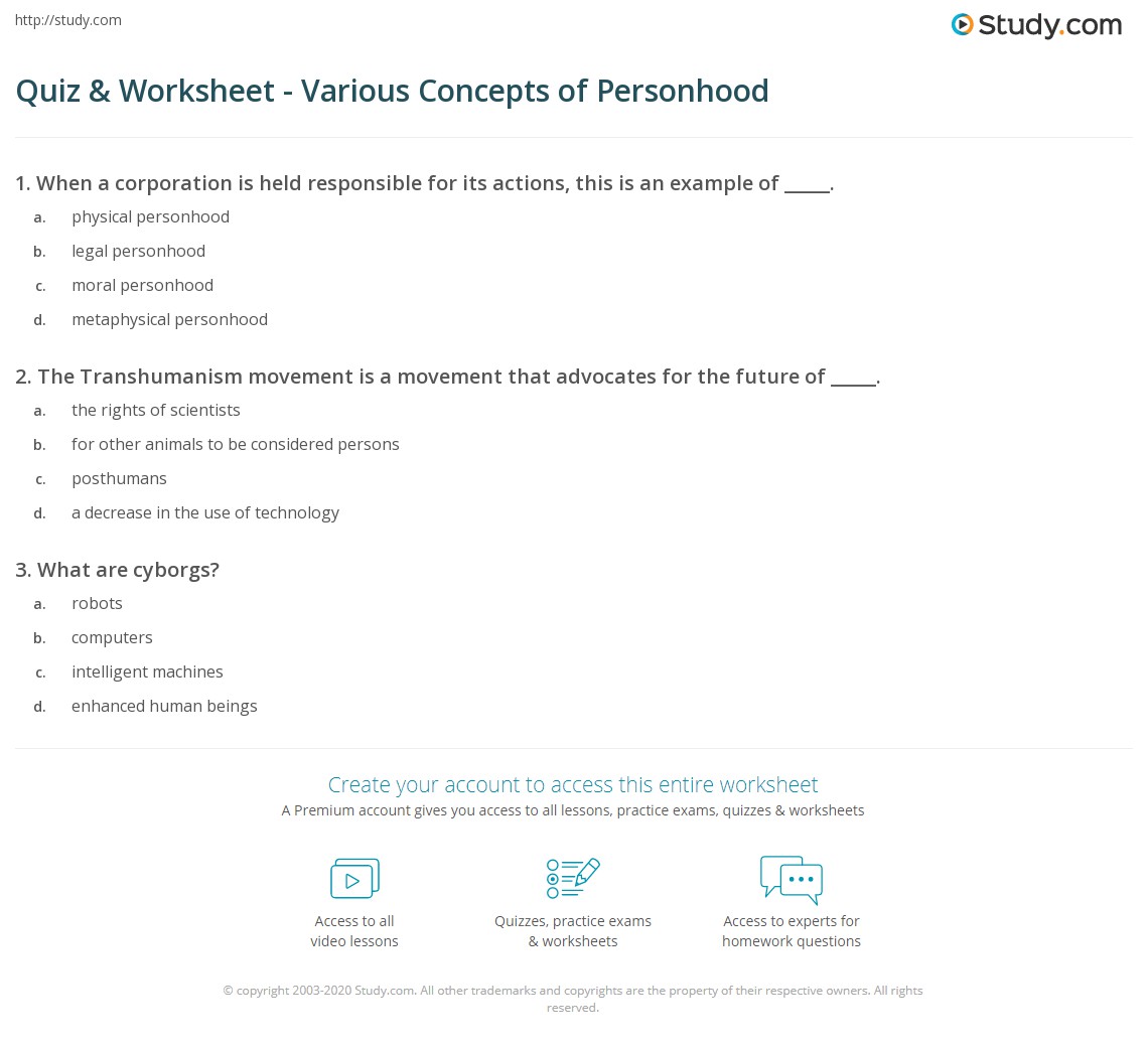 Quiz & Worksheet - Various Concepts of Personhood | Study.com