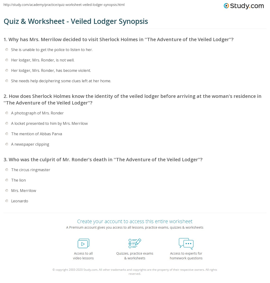 Quiz & Worksheet - Veiled Lodger Synopsis | Study.com