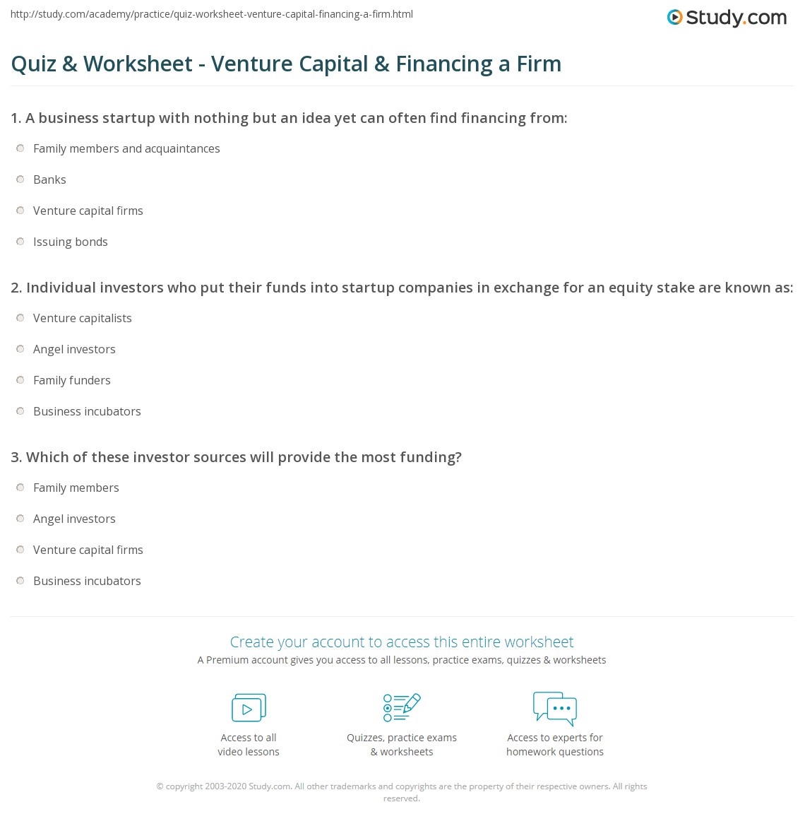 Quiz & Worksheet - Venture Capital & Financing a Firm | Study.com
