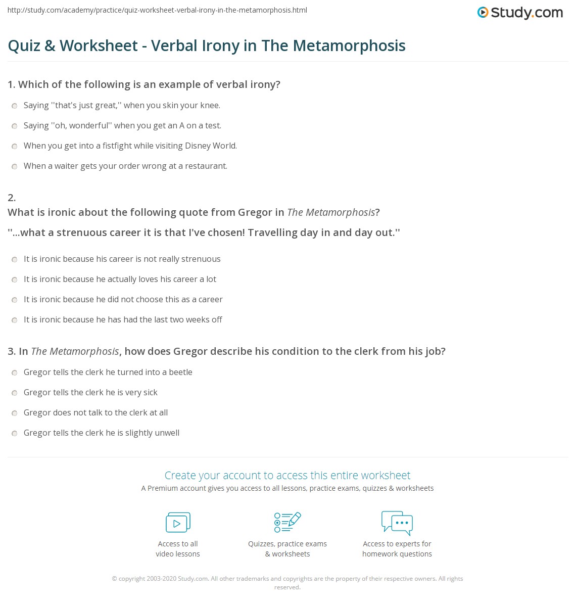 Quiz & Worksheet - Verbal Irony in The Metamorphosis | Study.com