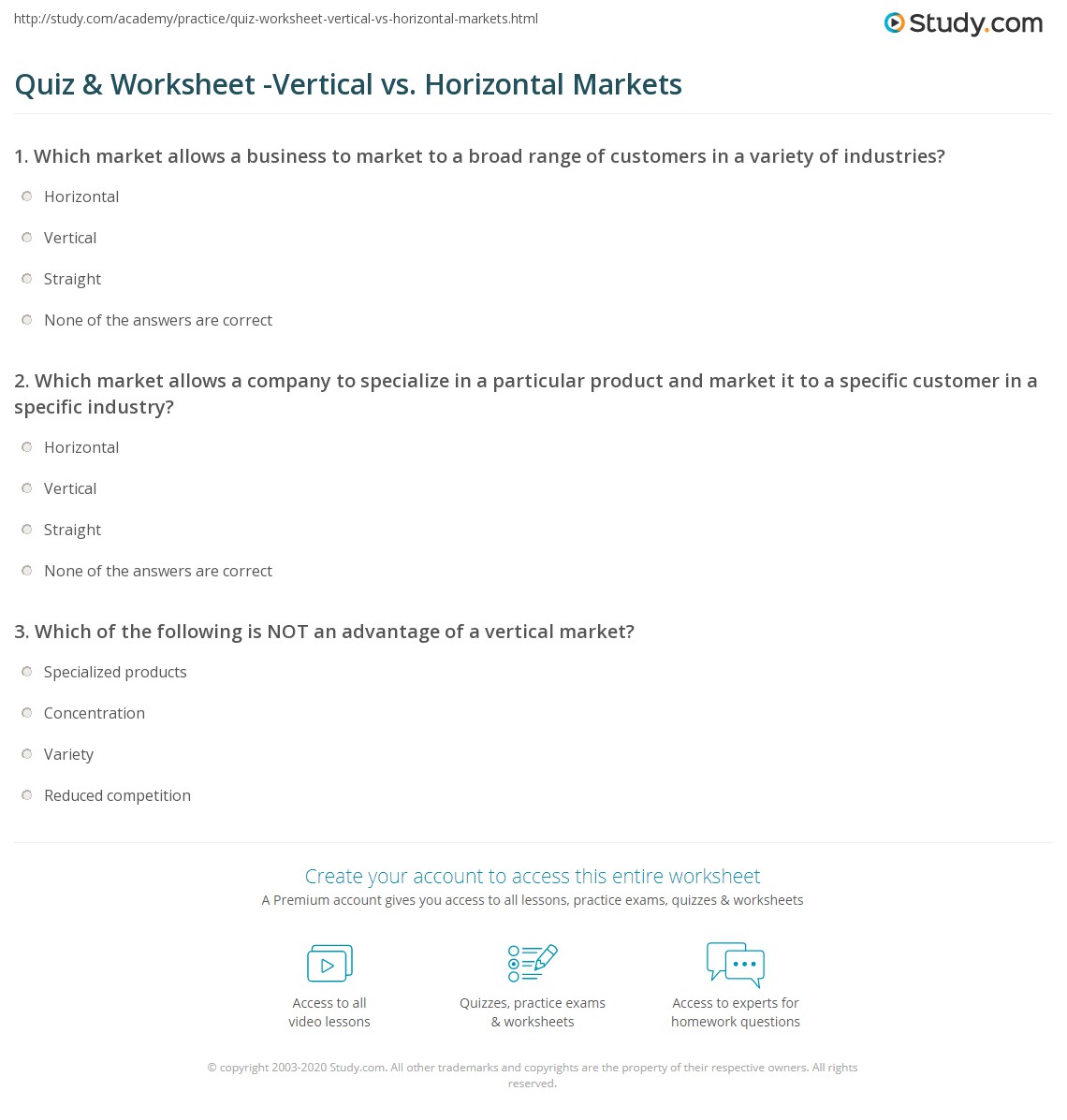 Quiz & Worksheet - Vertical vs. Horizontal Markets | Study.com