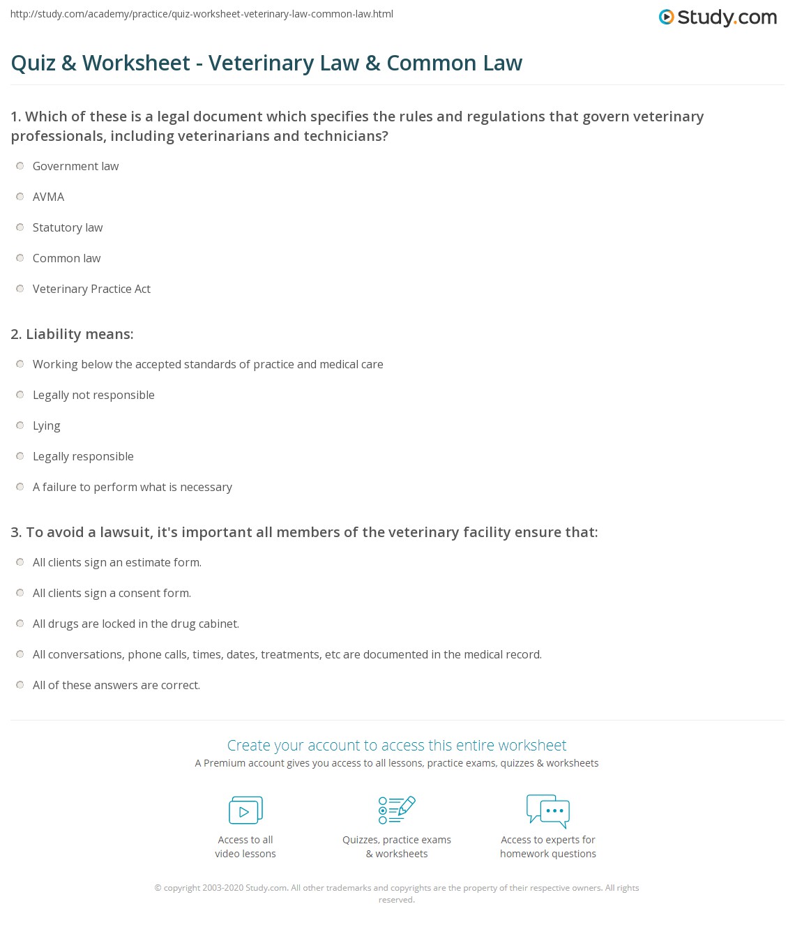 Quiz & Worksheet - Veterinary Law & Common Law | Study.com