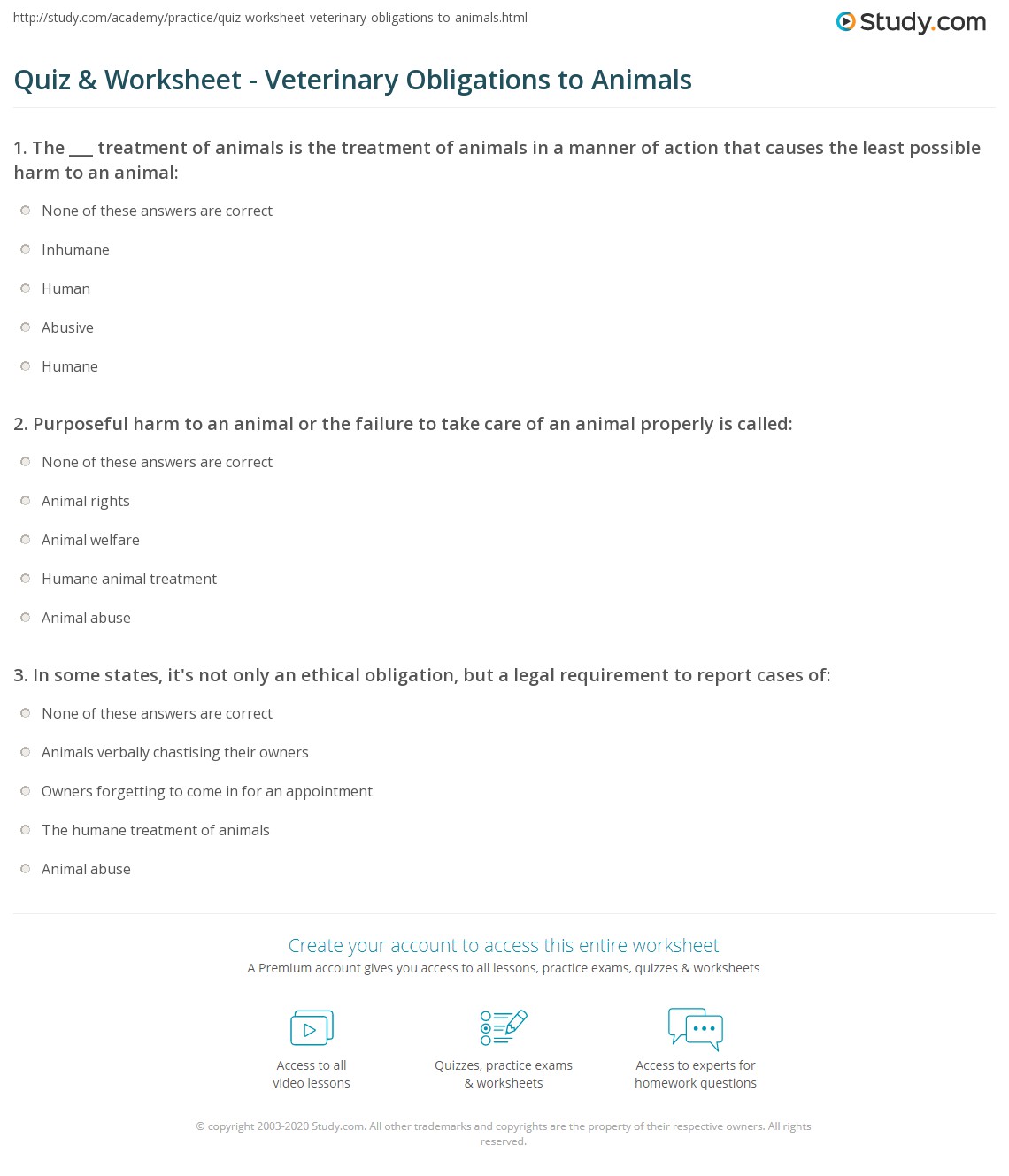 Quiz & Worksheet - Veterinary Obligations to Animals | Study.com
