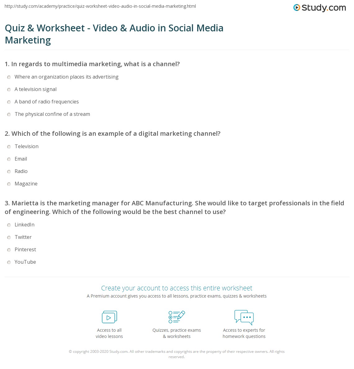 Quiz & Worksheet - Video & Audio in Social Media Marketing | Study.com