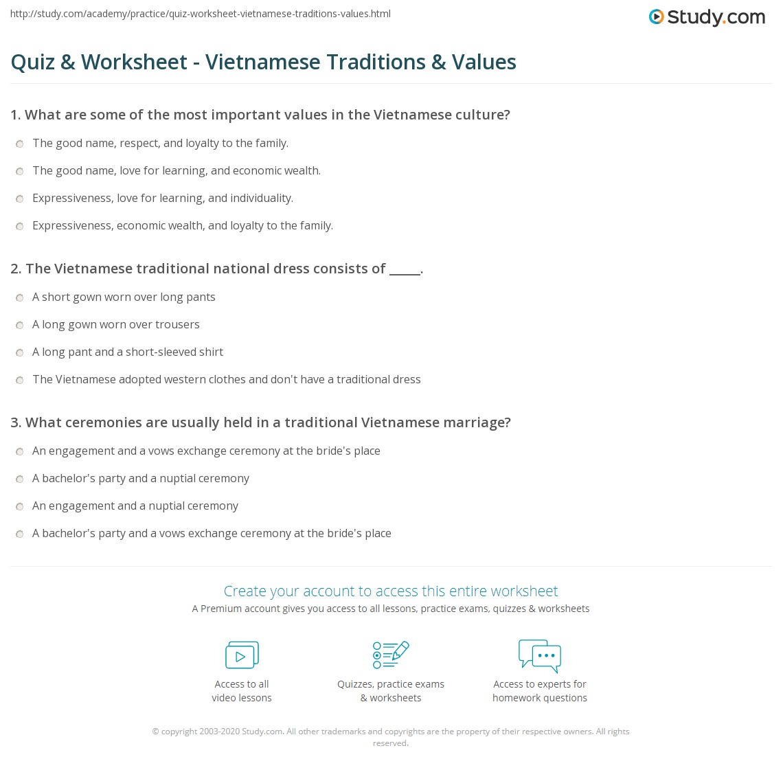 Quiz & Worksheet - Vietnamese Traditions & Values | Study.com
