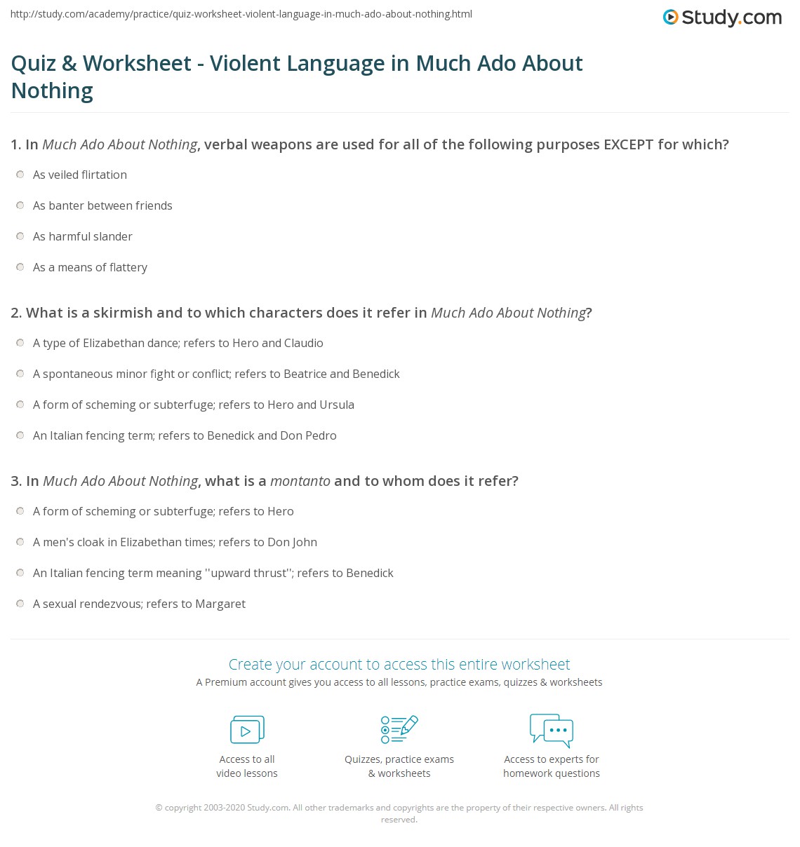 Quiz & Worksheet - Violent Language in Much Ado About Nothing | Study.com