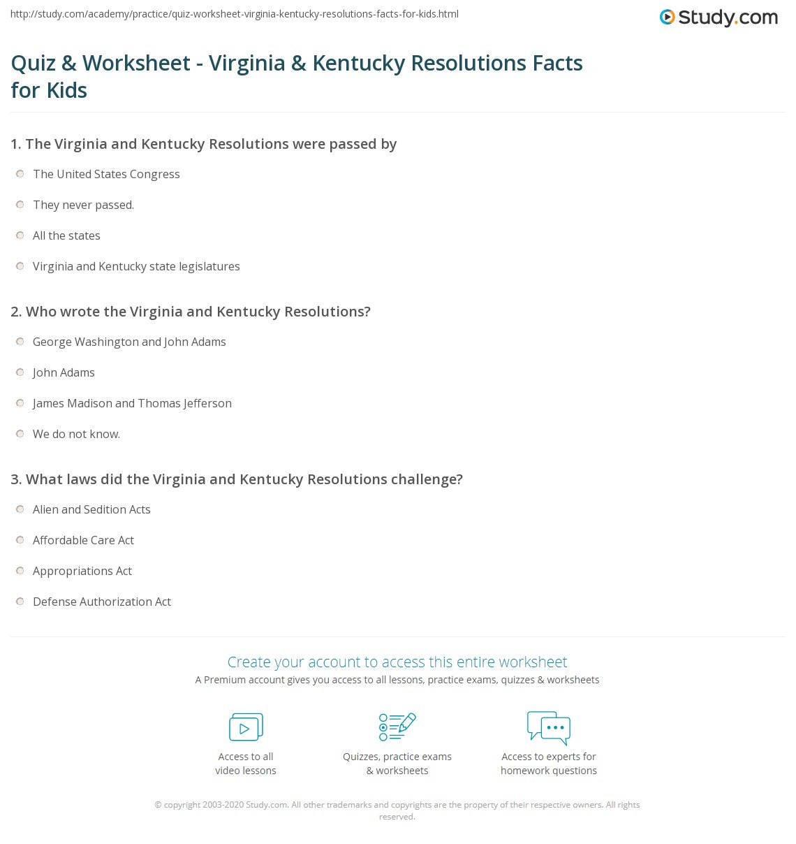 Quiz & Worksheet - Virginia & Kentucky Resolutions Facts for Kids ...