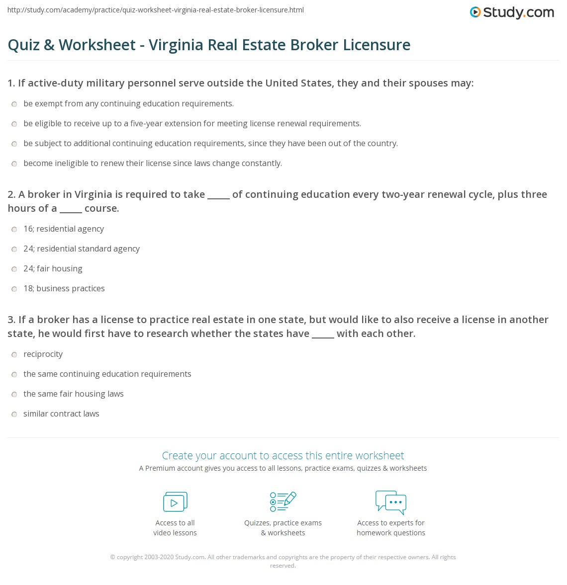 Quiz & Worksheet - Virginia Real Estate Broker Licensure | Study.com