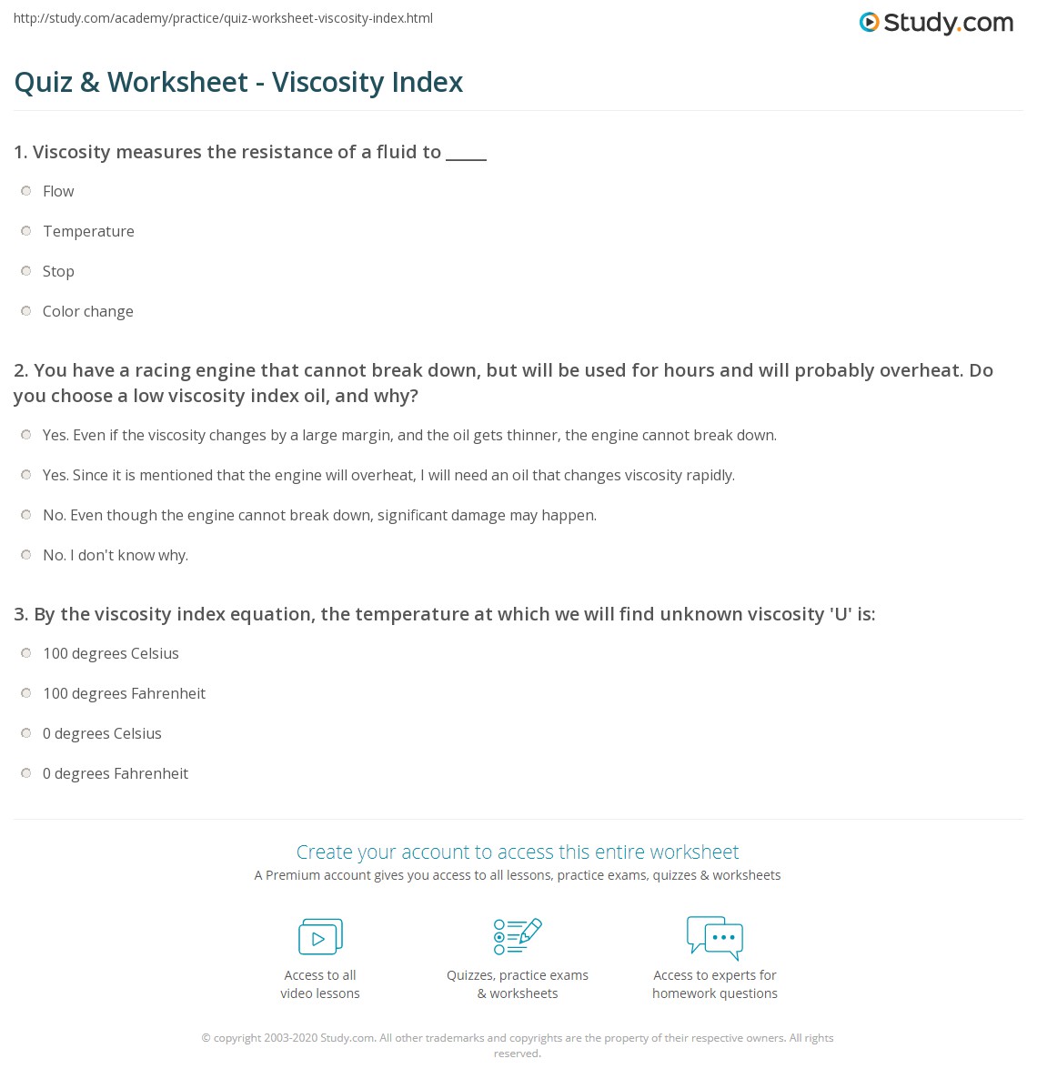 Quiz & Worksheet - Viscosity Index | Study.com