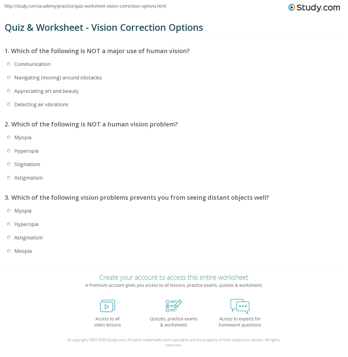 Quiz & Worksheet - Vision Correction Options | Study.com