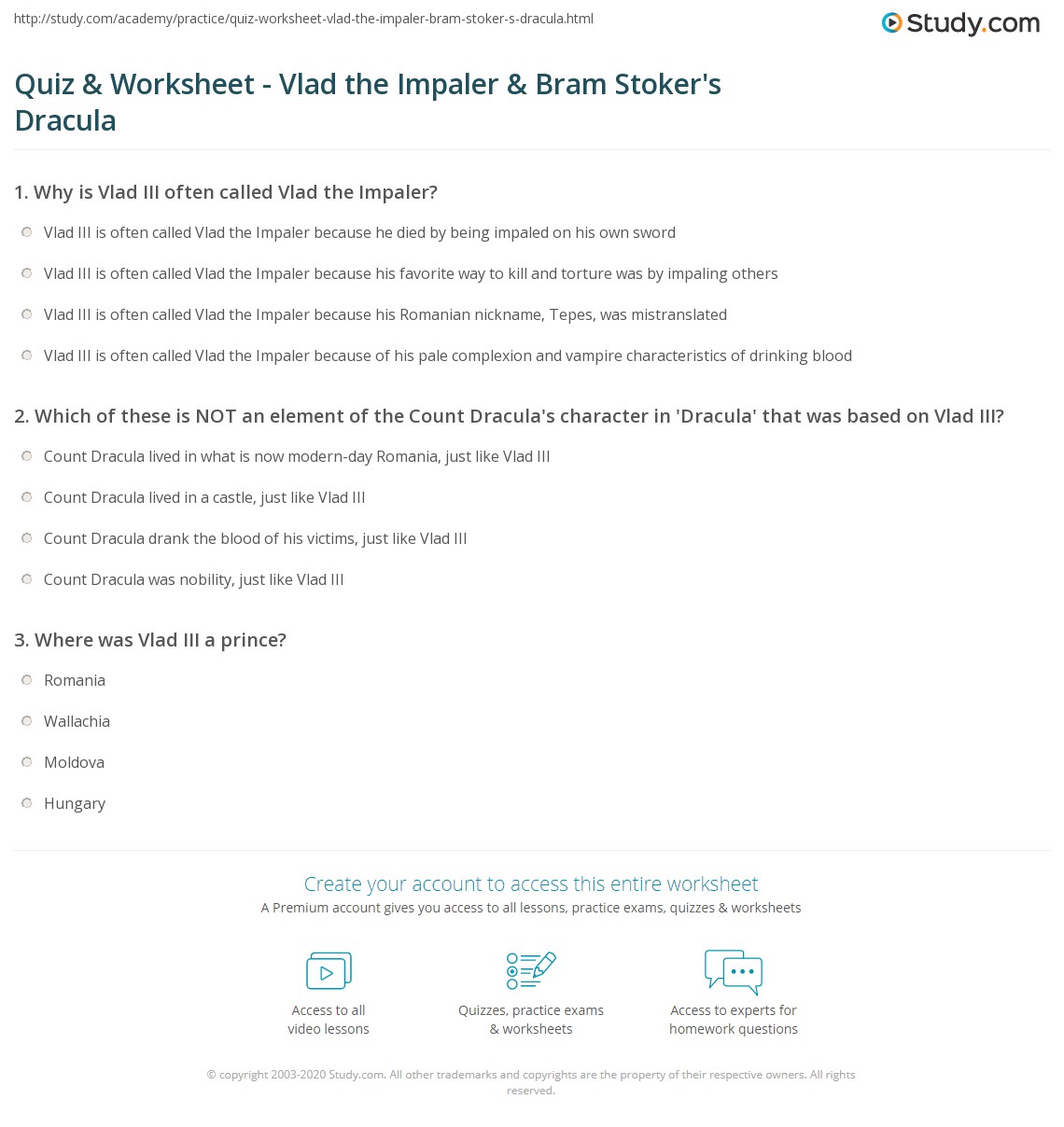 Quiz & Worksheet - Vlad the Impaler & Bram Stoker's Dracula | Study.com