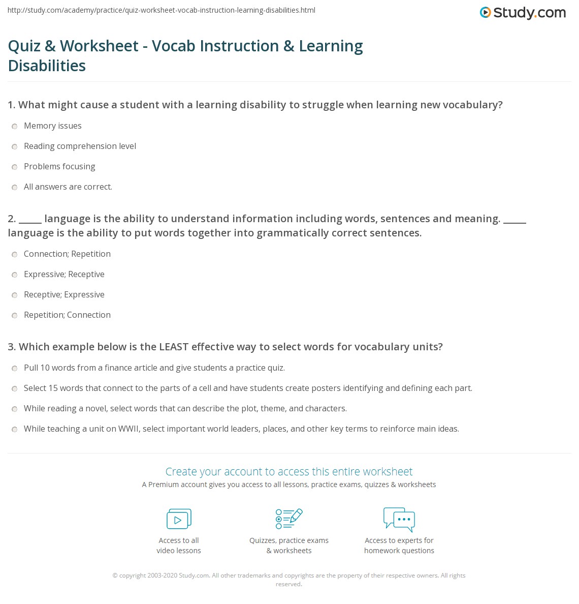 Quiz & Worksheet - Vocab Instruction & Learning Disabilities | Study.com