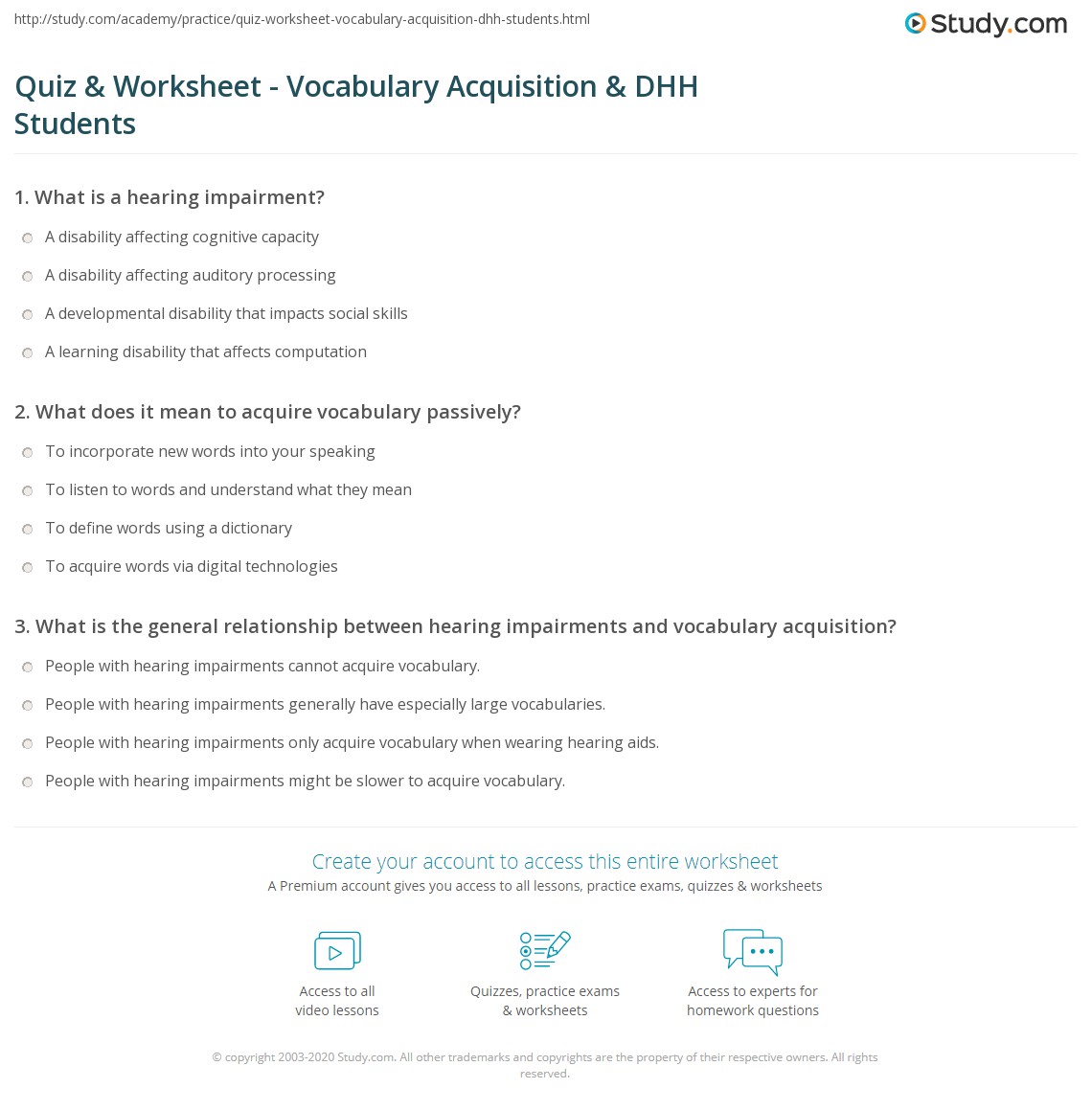 Quiz & Worksheet - Vocabulary Acquisition & DHH Students | Study.com