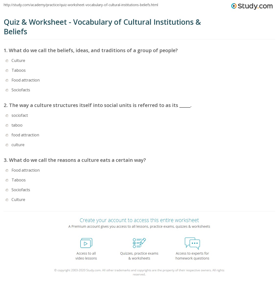 Quiz & Worksheet - Vocabulary of Cultural Institutions & Beliefs ...
