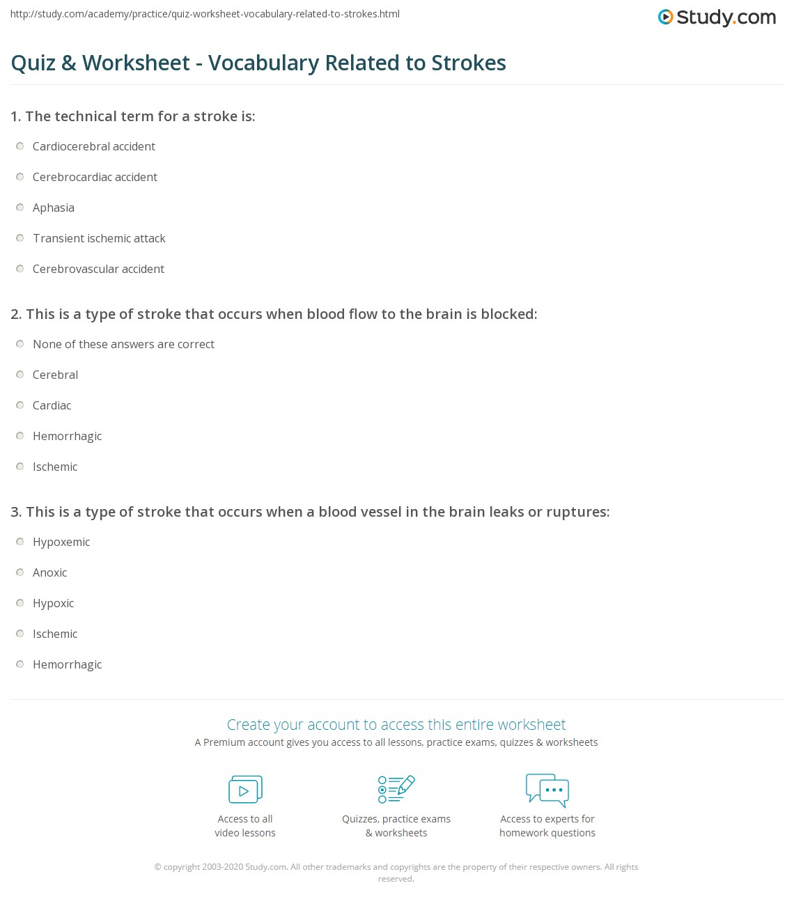Quiz & Worksheet - Vocabulary Related to Strokes | Study.com